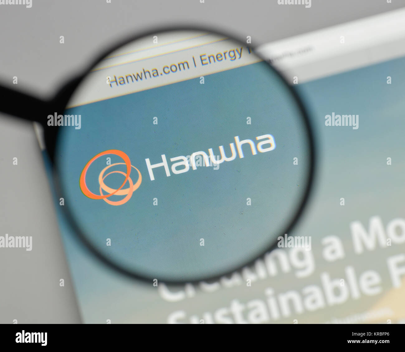 Milan, Italy - August 10, 2017: Hanwha logo on the website homepage ...