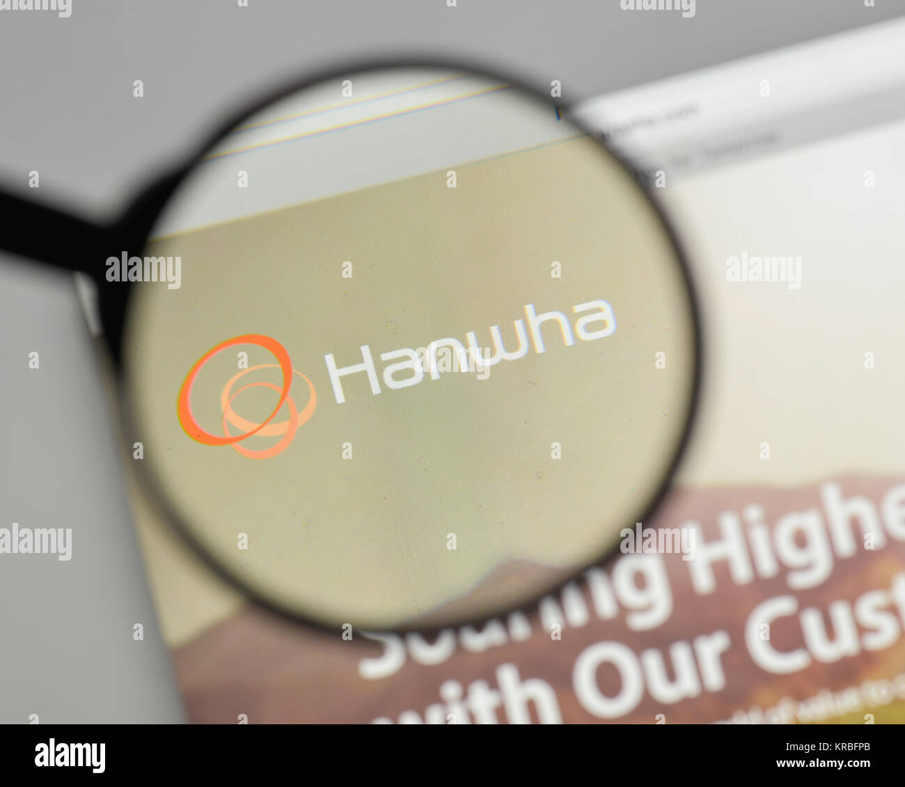 Milan, Italy - August 10, 2017: Hanwha logo on the website homepage ...