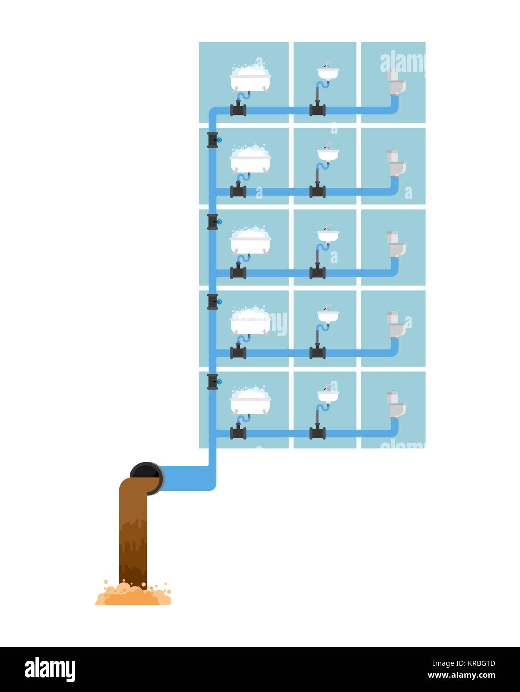 Sewer system in house. Pipes and valves. Sink and toilet bowl. Bath ...