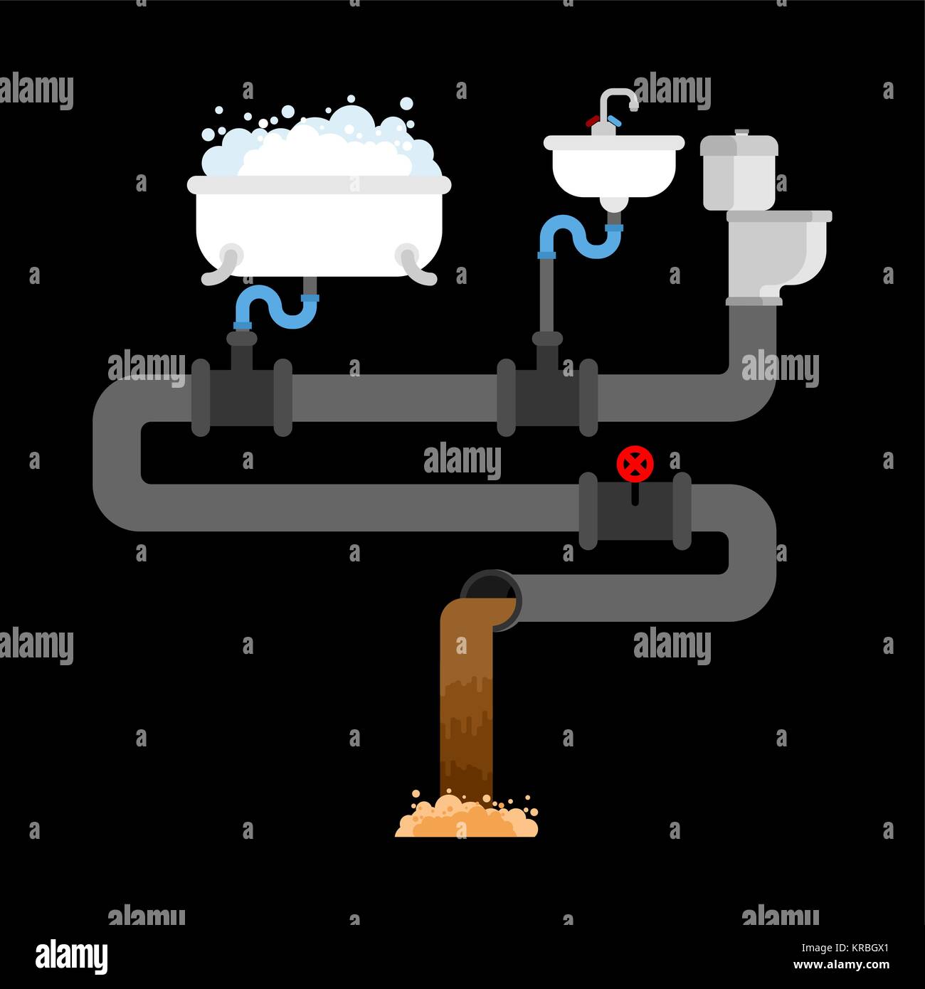 Sewer system in house. Pipes and valves. Sink and toilet bowl. Bath ...