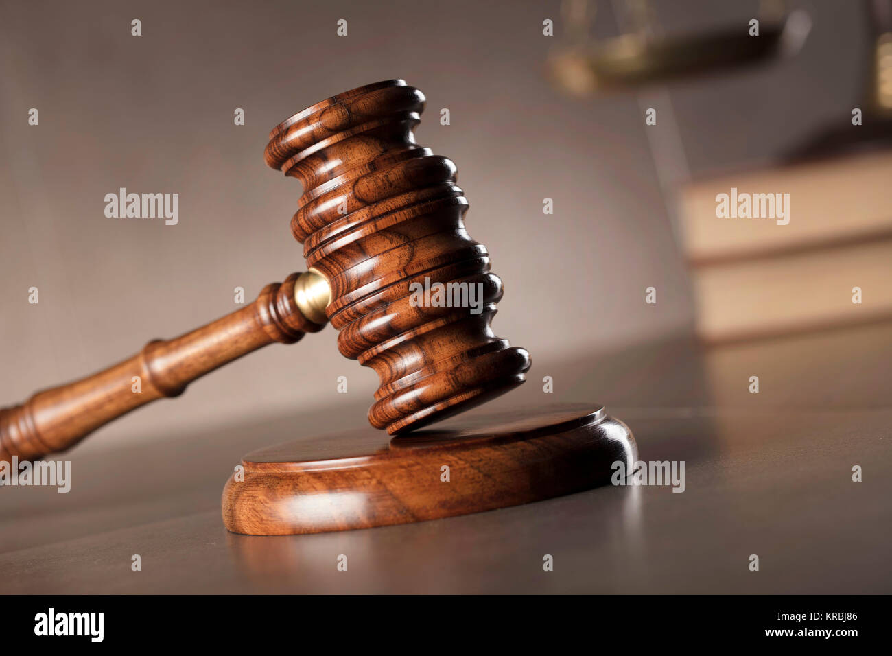 Judge antique gavel,scale, book - law symbols on stone table and ...