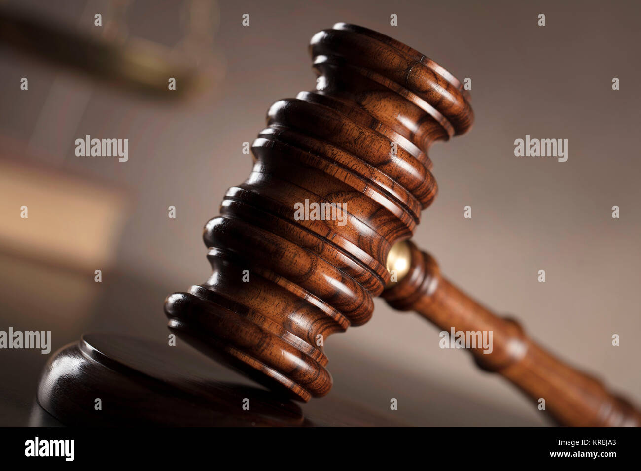 Judge antique gavel,scale, book - law symbols on stone table and ...