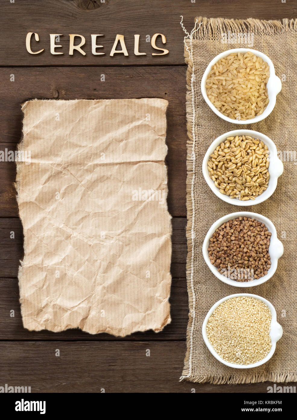 Cereals in bowls with word Cereals Stock Photo - Alamy