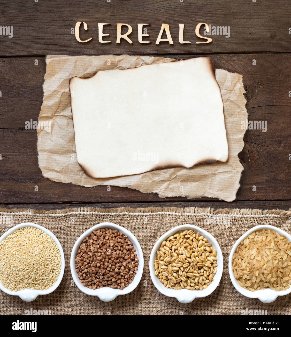 Cereals in bowls with word Cereals and paper Stock Photo - Alamy