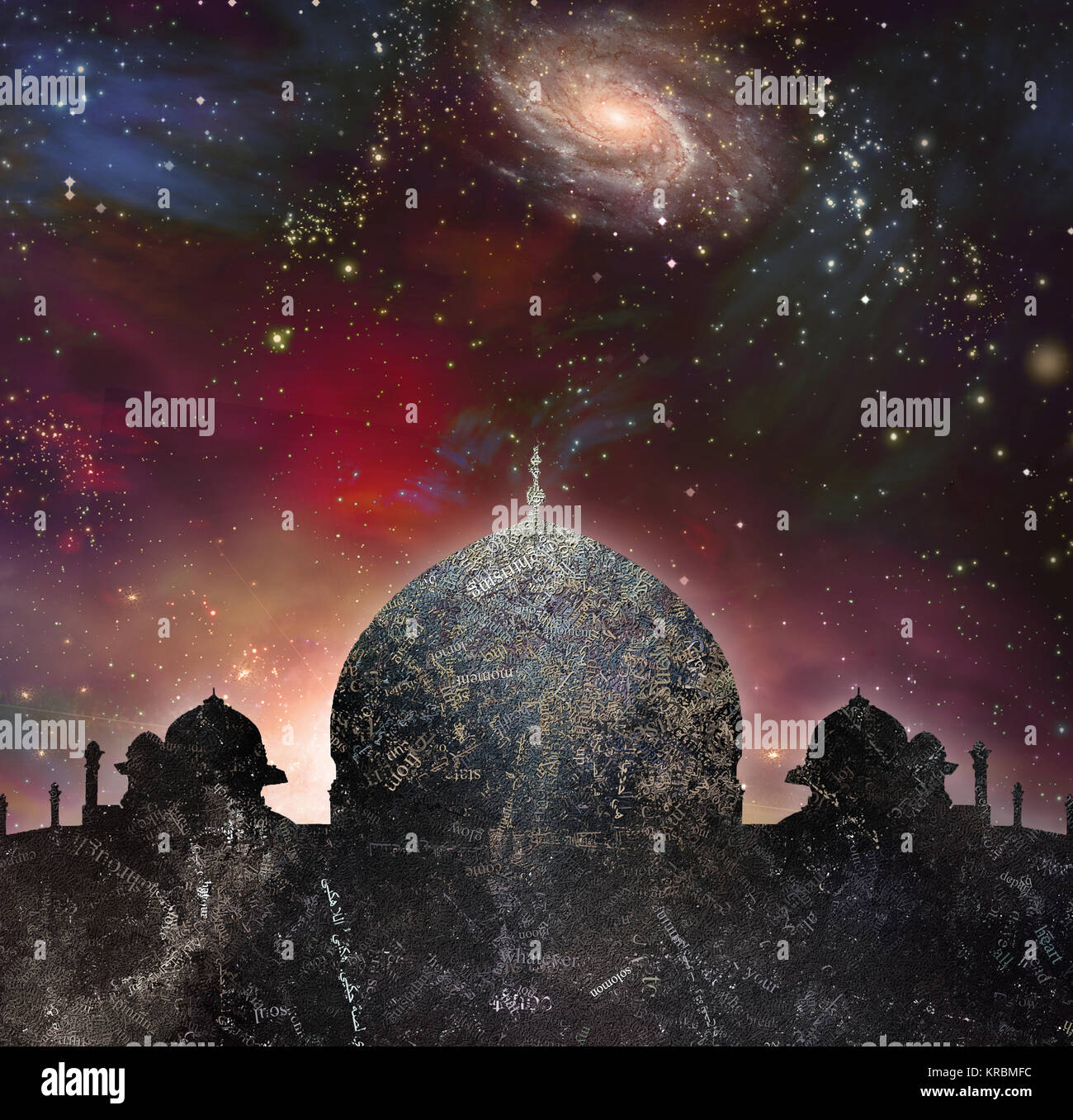 Temple in eastern style. Universe with galaxies on a background Stock ...