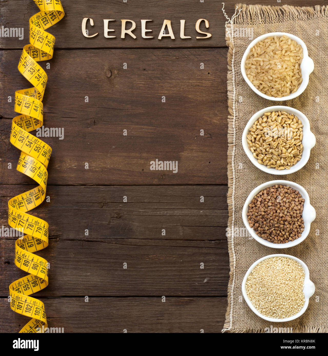 Cereals in bowls with word Cereals and measuring tape Stock Photo - Alamy