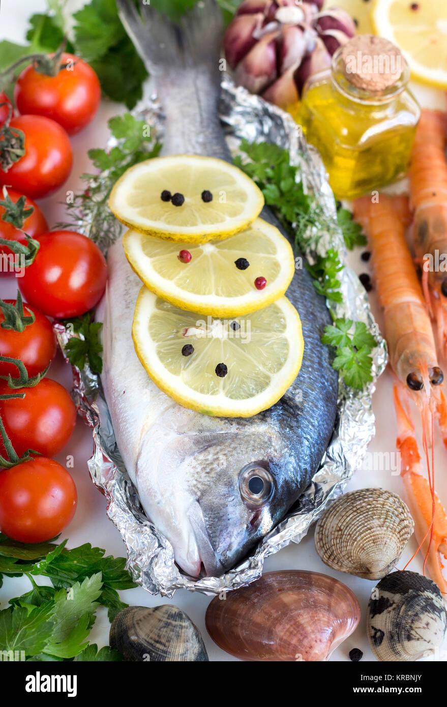 Fresh dorado fish and seafood Stock Photo - Alamy
