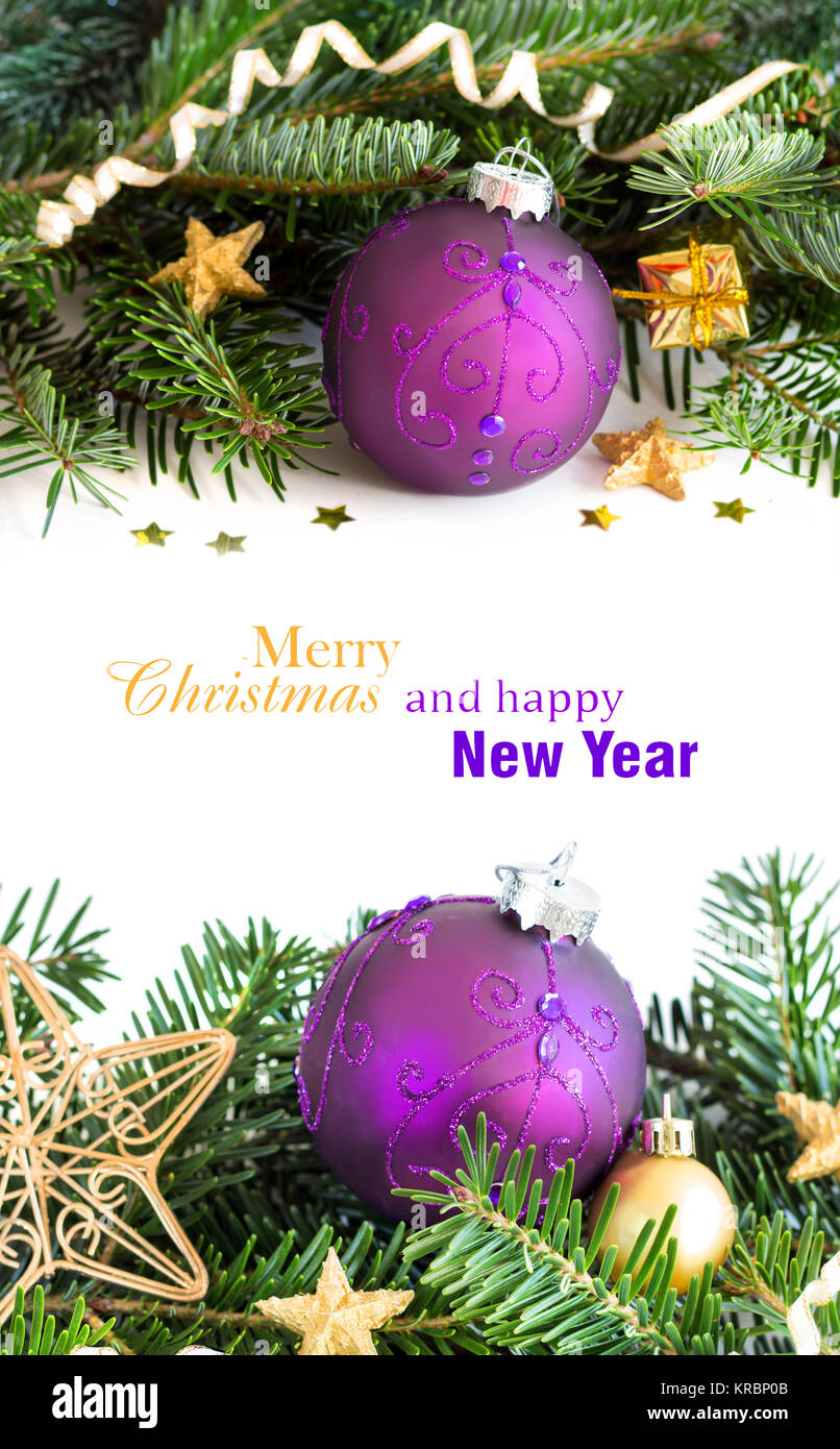 Purple and golden Christmas ornaments border Stock Photo - Alamy