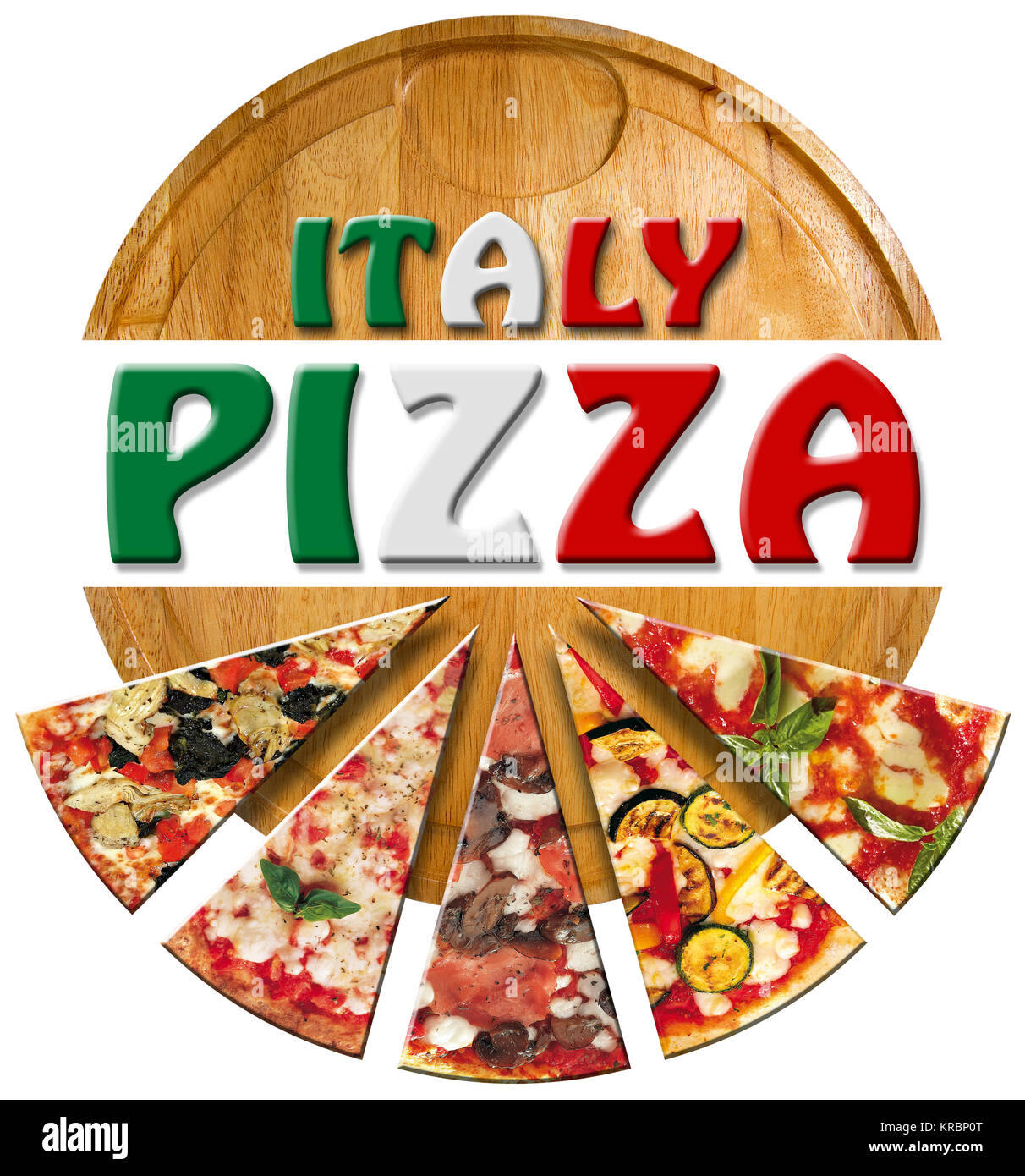 Pizza slices on the cutting board and written Italy Pizza Stock Photo ...