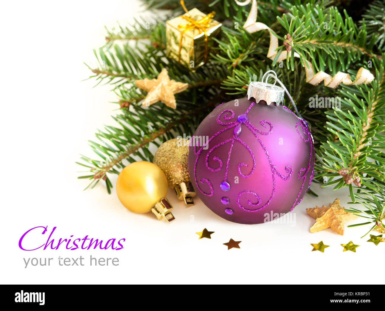 Purple and golden Christmas ornaments border Stock Photo - Alamy