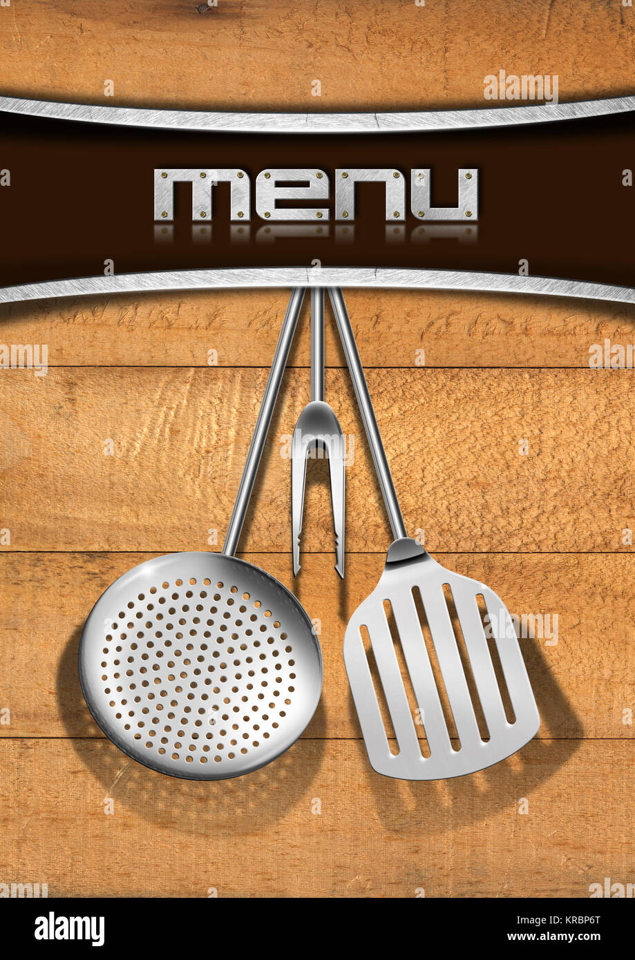 Wooden damaged boards with horizontal metal bands and kitchen utensils ...