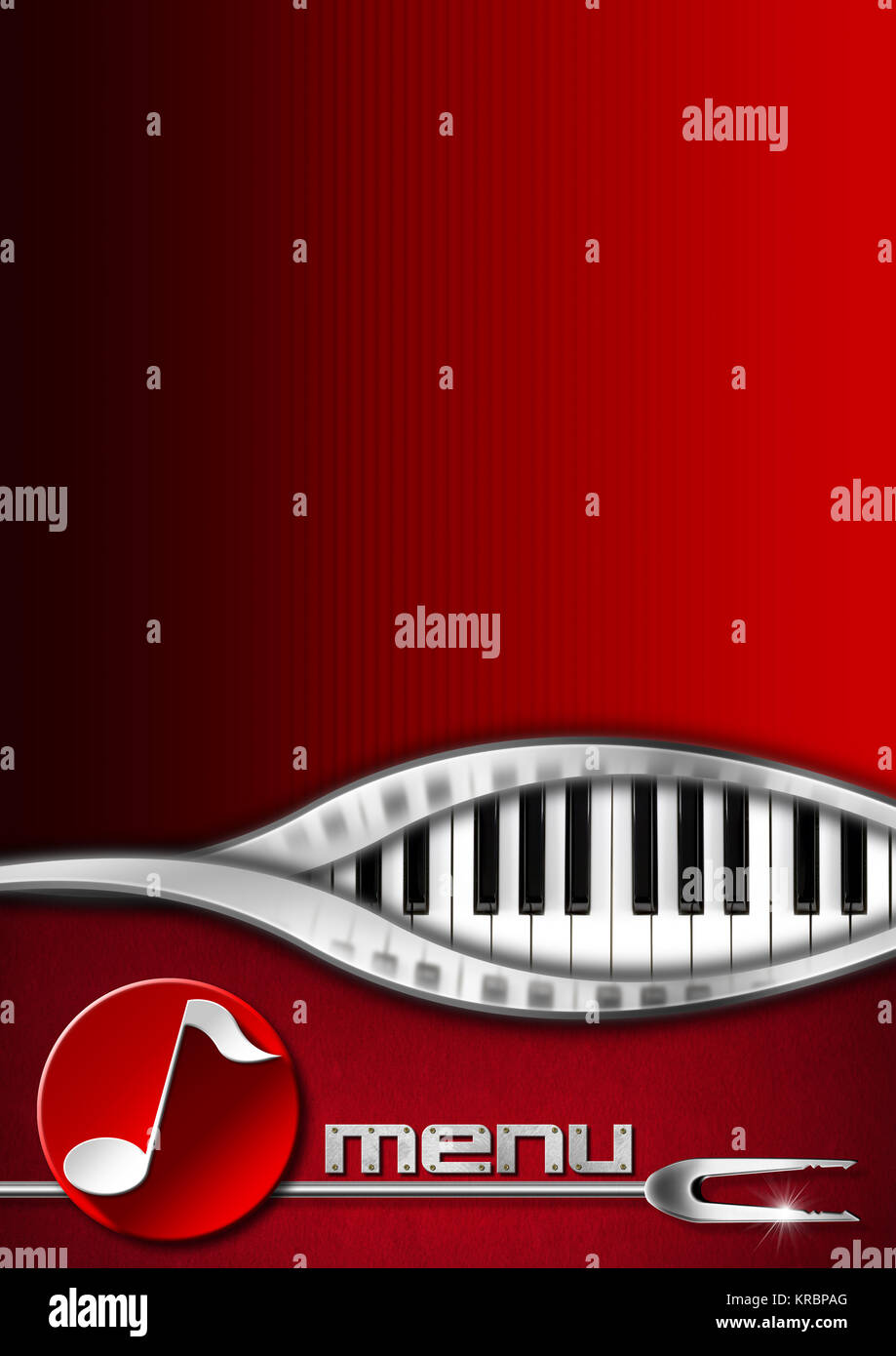 Red, black and metal background with written menu, steel fork, musical ...