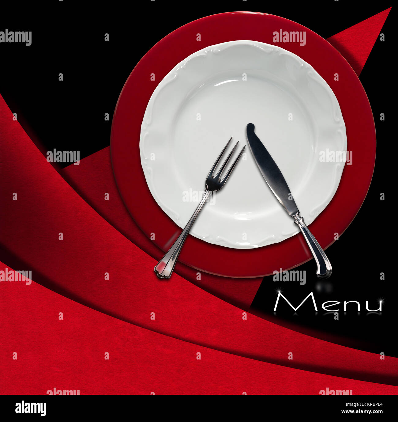 Restaurant menu with empty and white plate on red underplate with ...