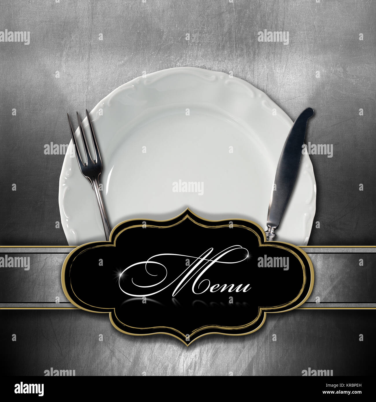 Restaurant menu with empty white plate and silver cutlery, on metallic ...