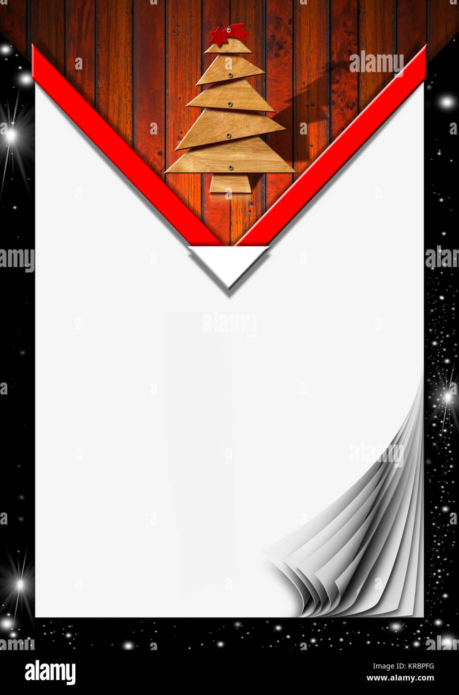 Background for Christmas menu with wooden tree with screws and red ...