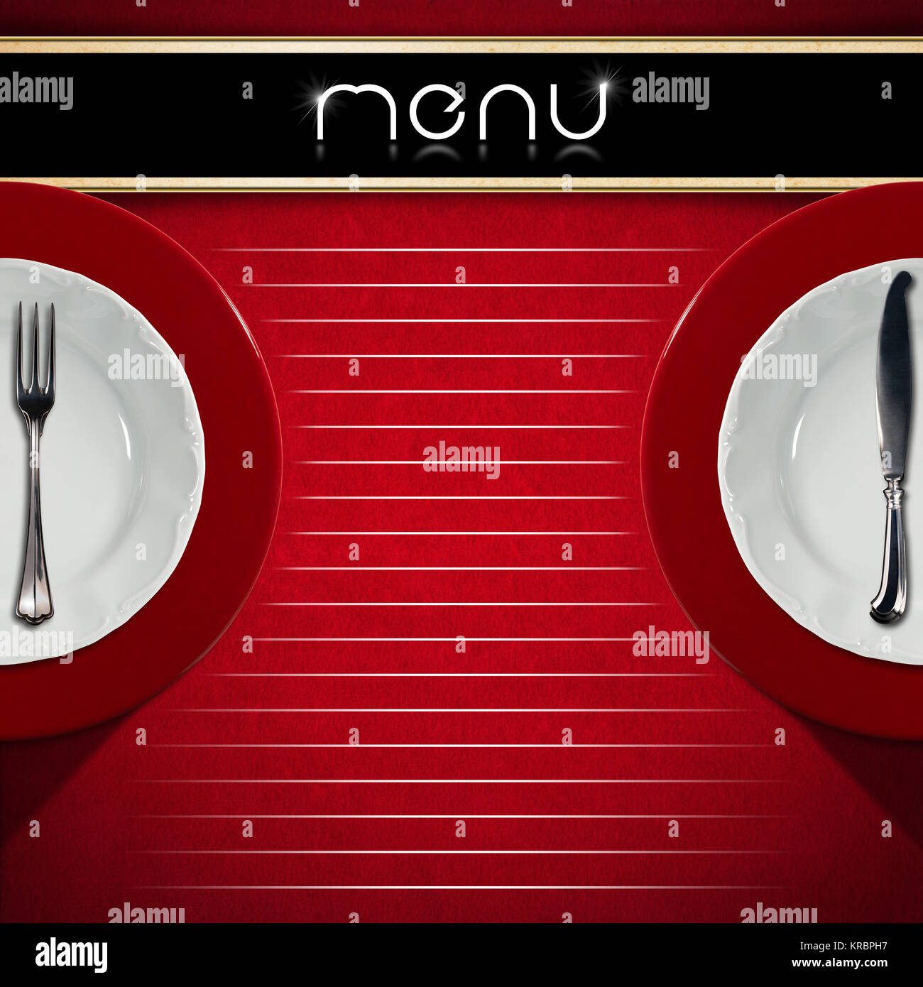 Restaurant menu with two empty and white plates on red underplates with ...