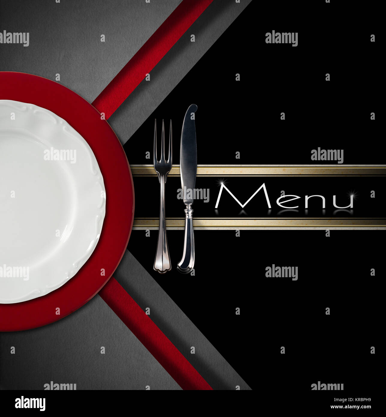 Restaurant menu with empty and white plate on red underplate with ...
