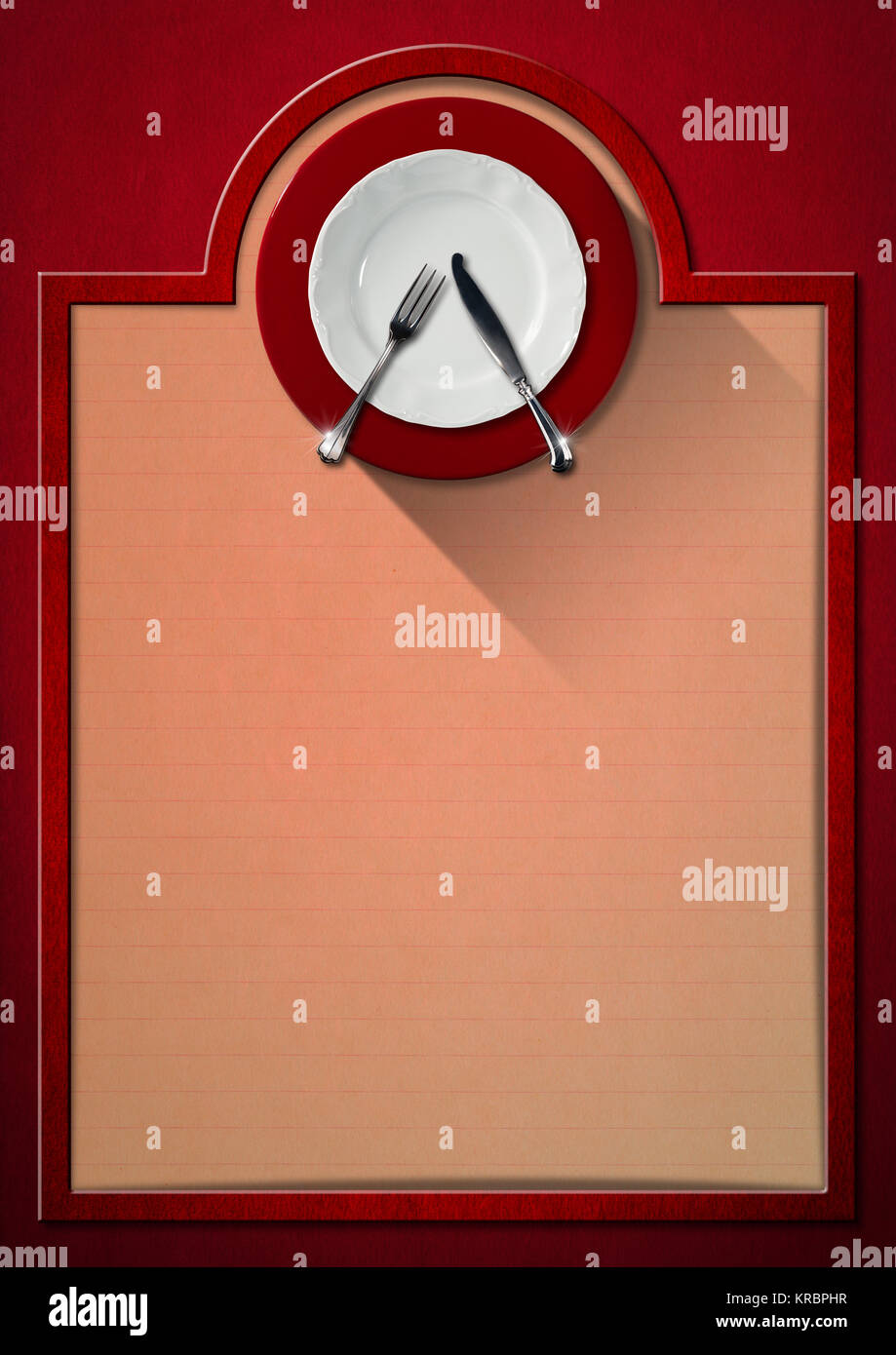 Restaurant menu with empty and white plate on red underplate with ...