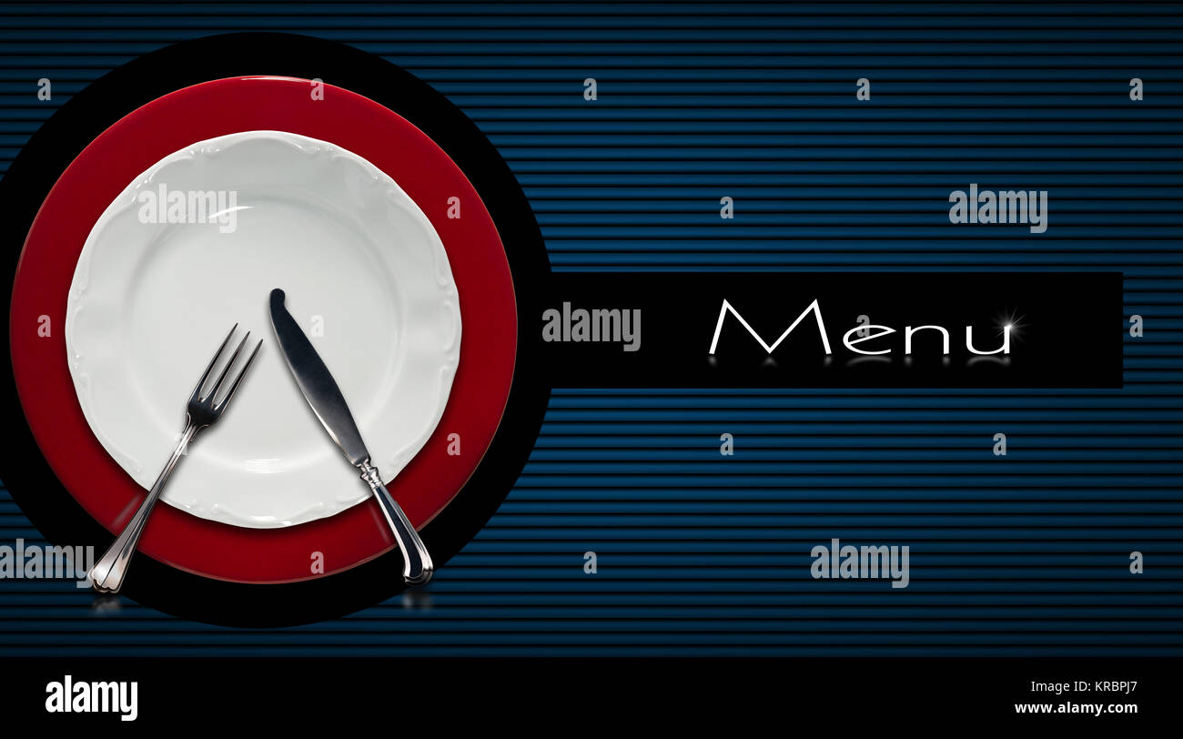 Restaurant menu with empty and white plate on red underplate with ...