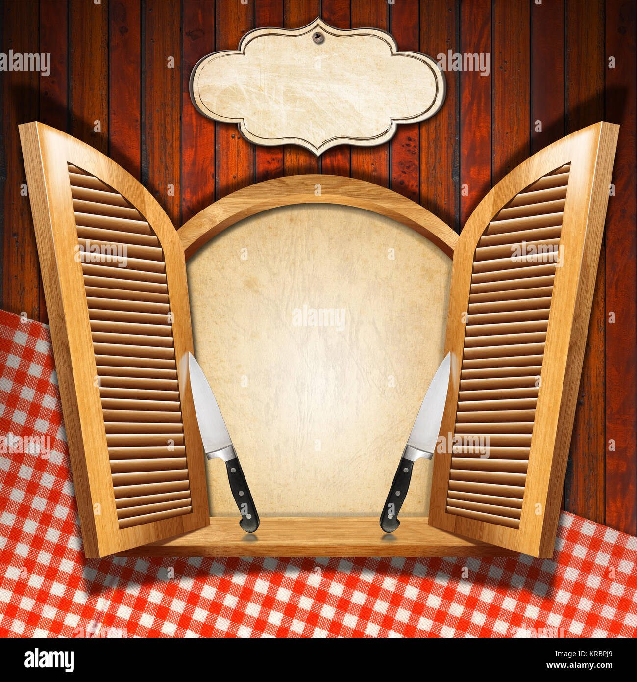 Wooden window with open shutters, empty parchment, two kitchen knives ...