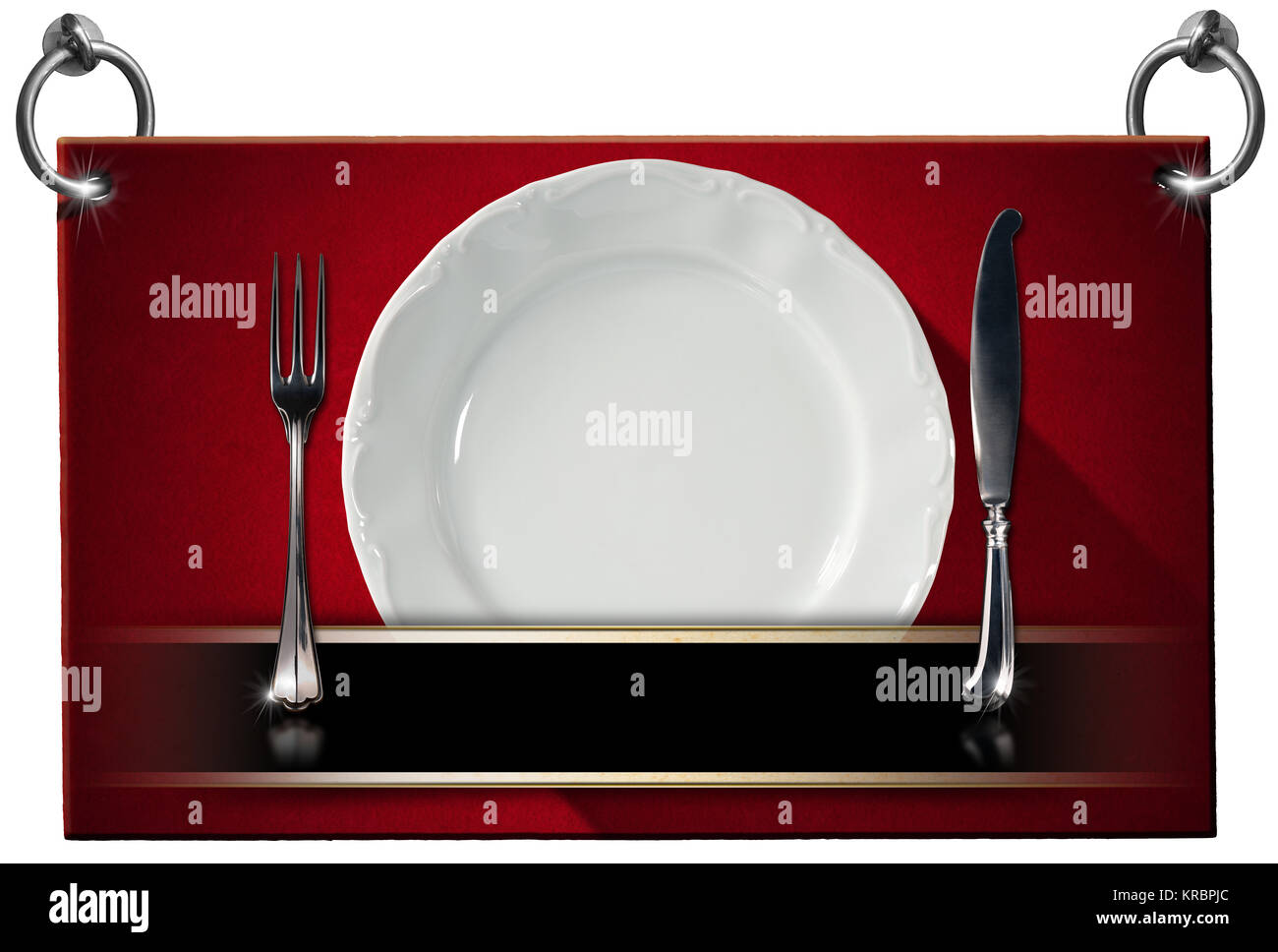 Advertising sign for restaurant with empty white plate and silver ...