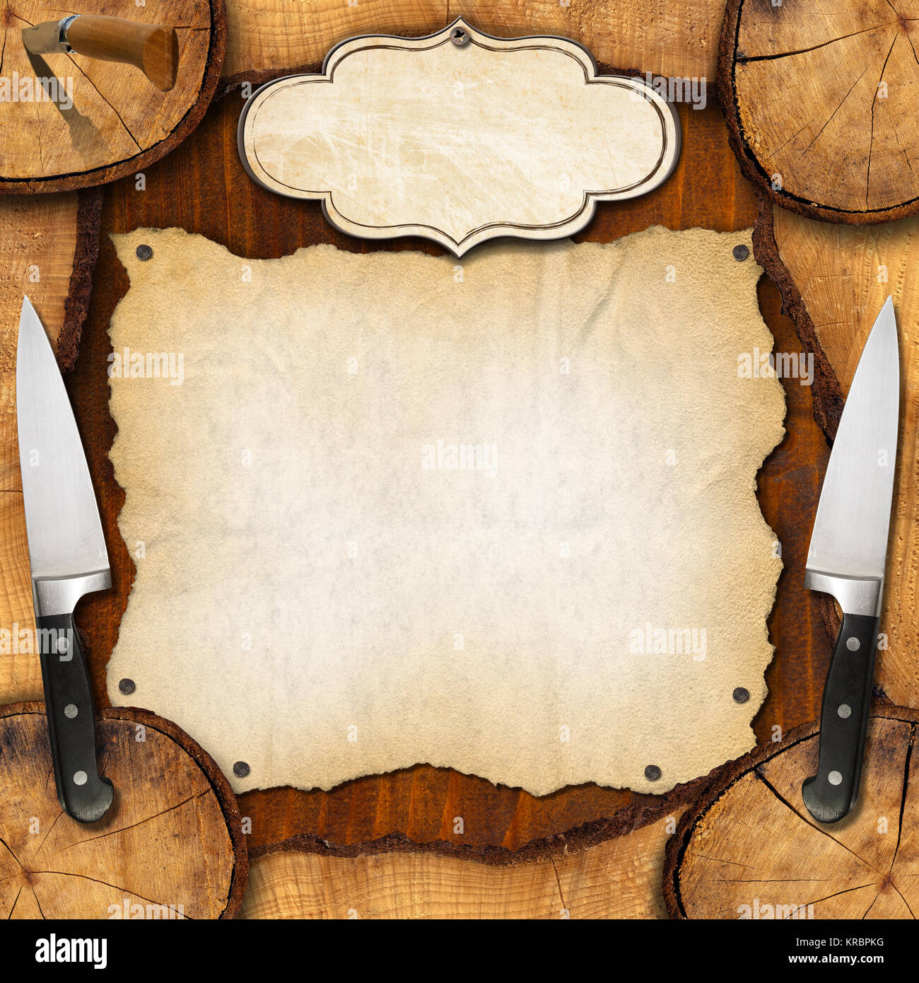 Wooden background with sections of tree trunk, two with kitchen knives ...