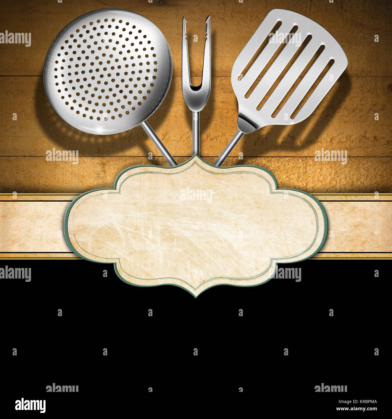 Wooden damaged boards with empty label and kitchen utensils, template ...