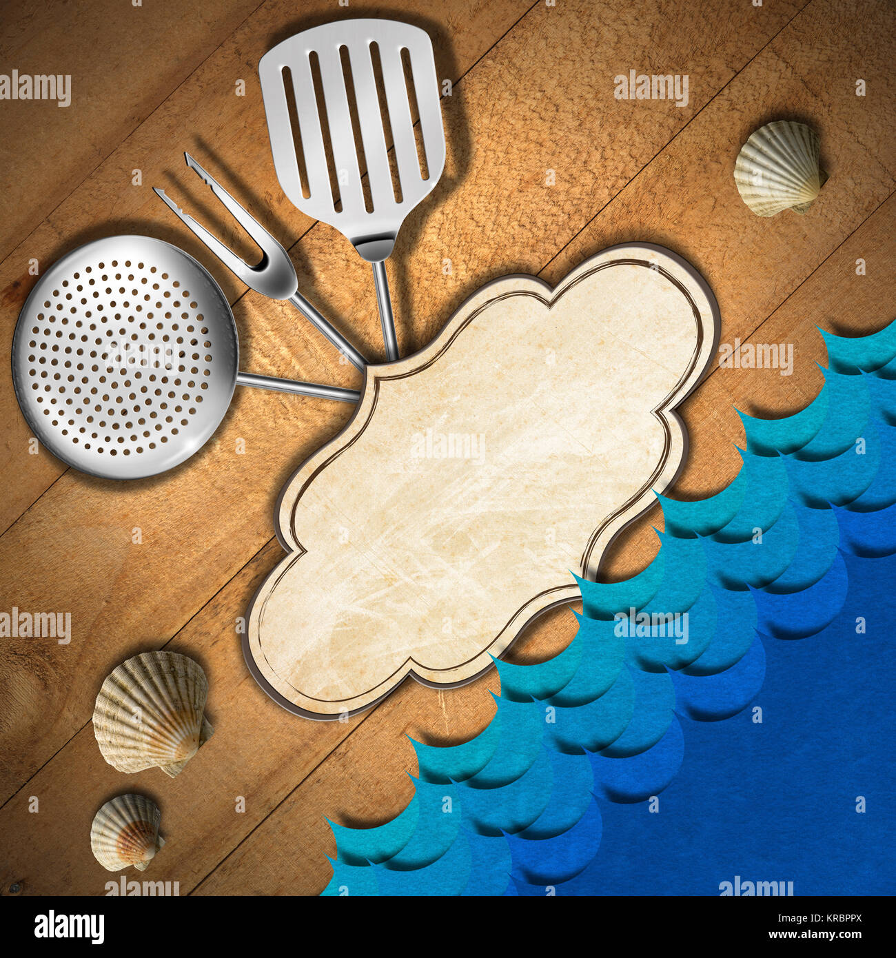 Wooden damaged boards with empty label, kitchen utensils and stylized ...