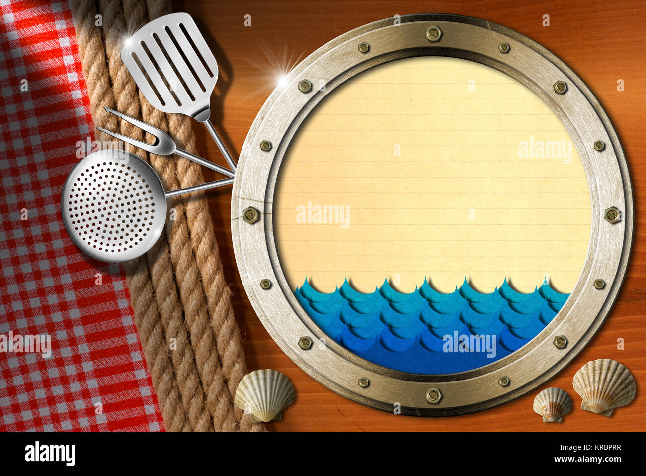 Metal porthole with blue waves and yellow paper, seashells, kitchen ...