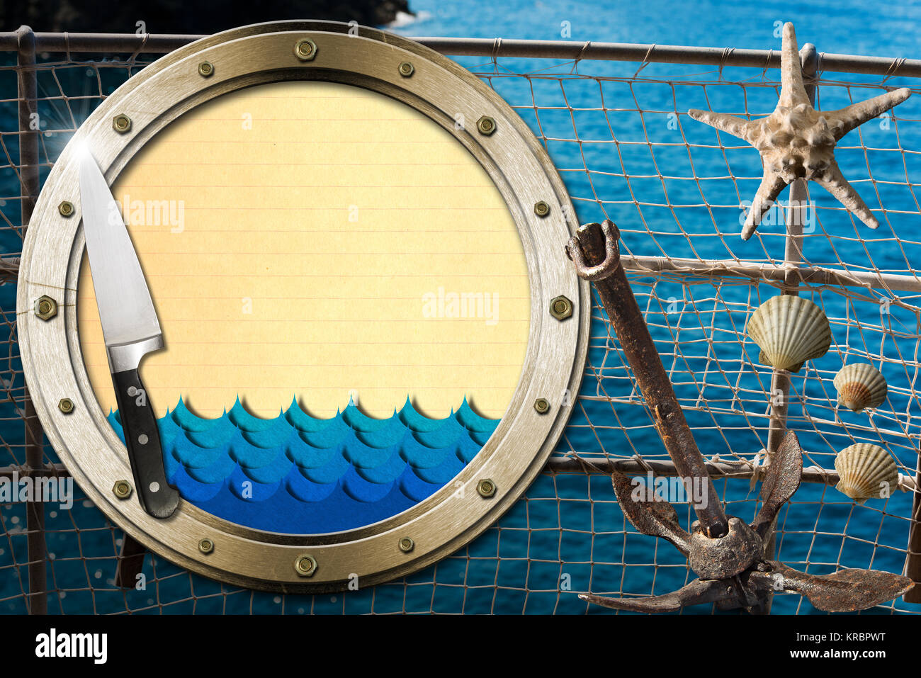 Metal porthole with blue waves and yellow paper, kitchen knife ...