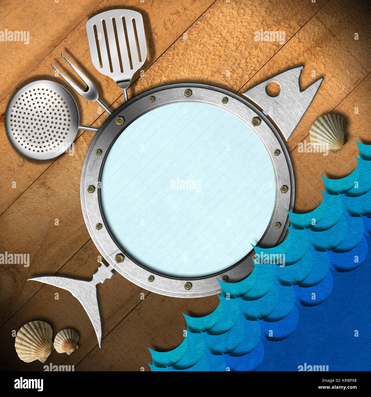 Restaurant seafood menu with metal porthole, kitchen utensils on wooden ...