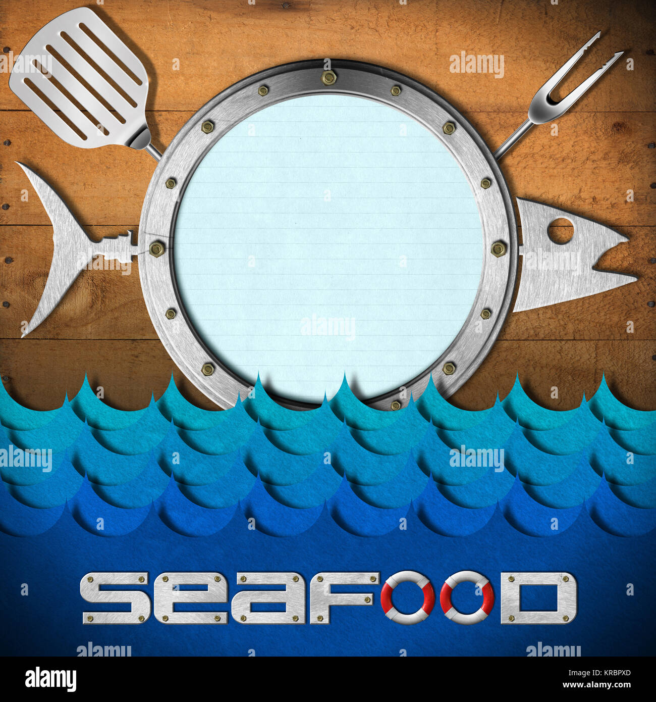 Restaurant seafood menu with metal porthole, kitchen utensils on wooden ...