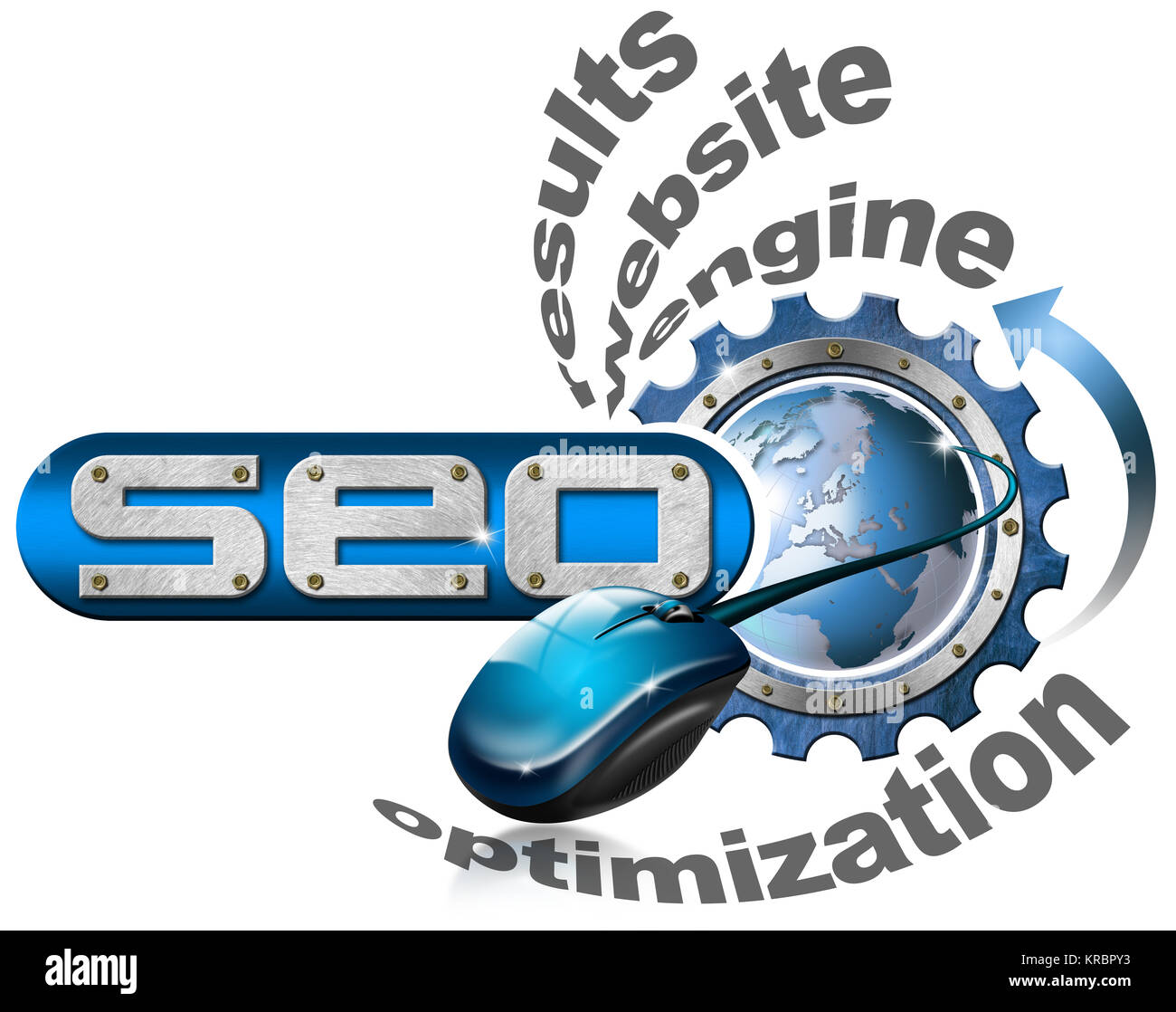 Illustration with metal written SEO, metal gear, mouse and blue globe ...