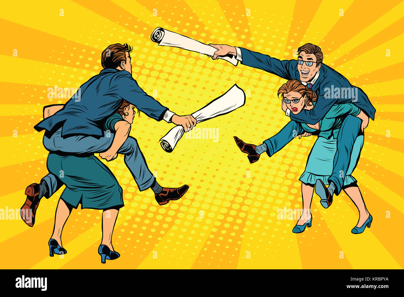 Business people office battle, men riding women Stock Photo - Alamy
