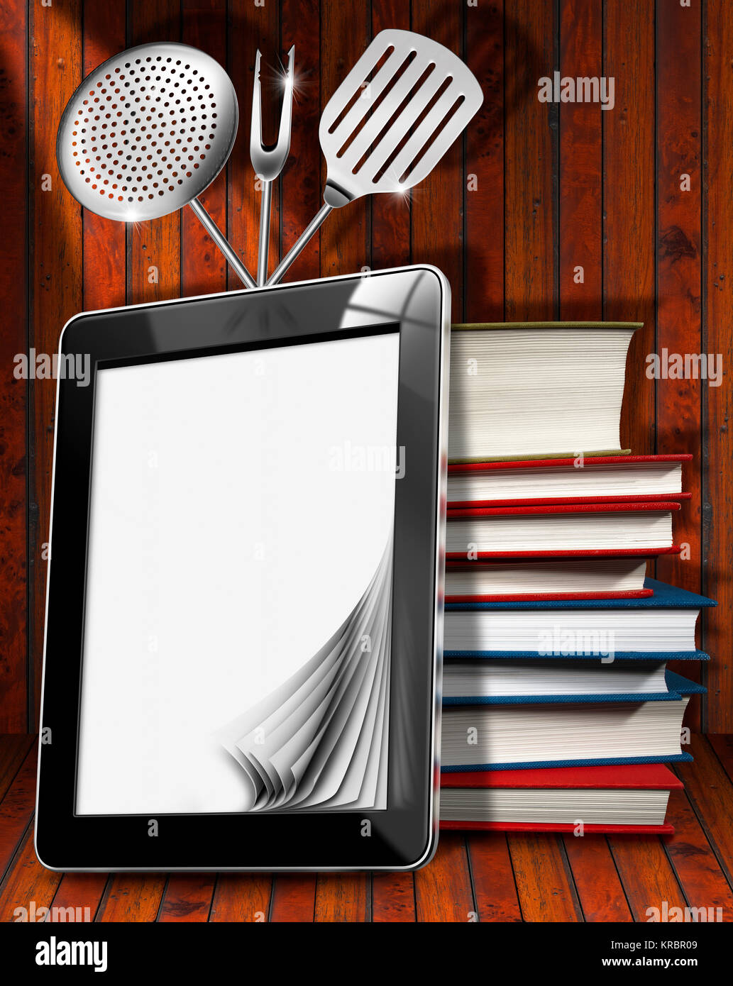 Black tablet computer with blank pages and stack of books in a kitchen ...
