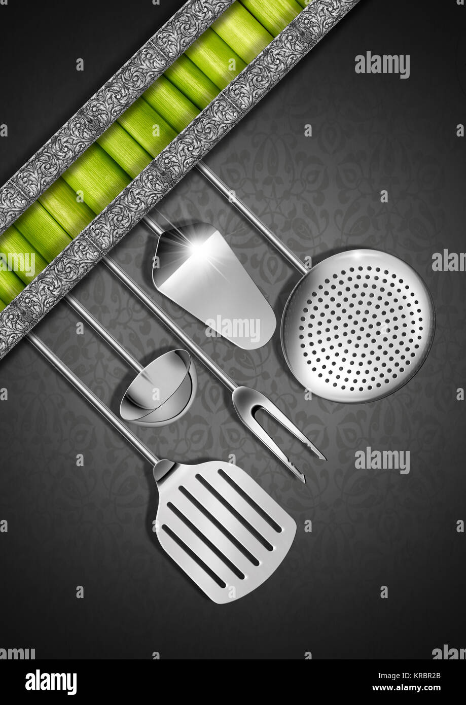 Black and gray background with kitchen utensils, diagonal silver bands ...