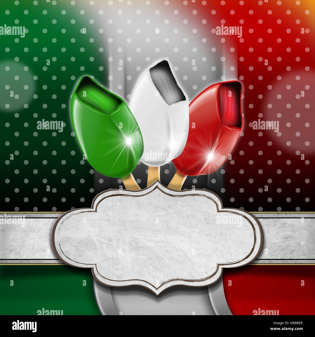 Background with italian flag, three ice creams with stick and empty ...