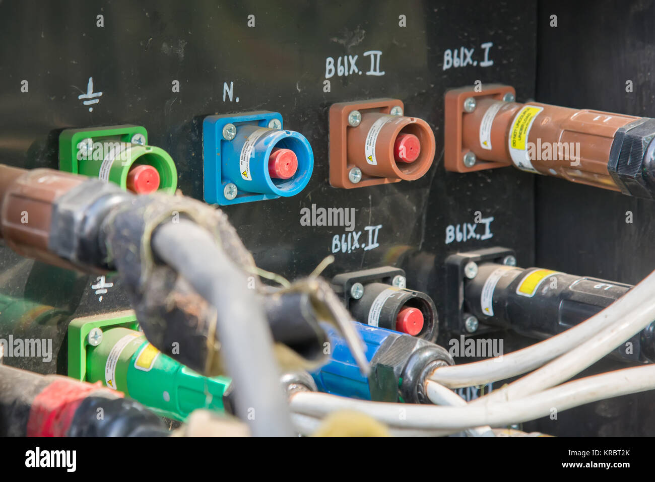 electrical power cables connected to a temporary outdoors distribution ...