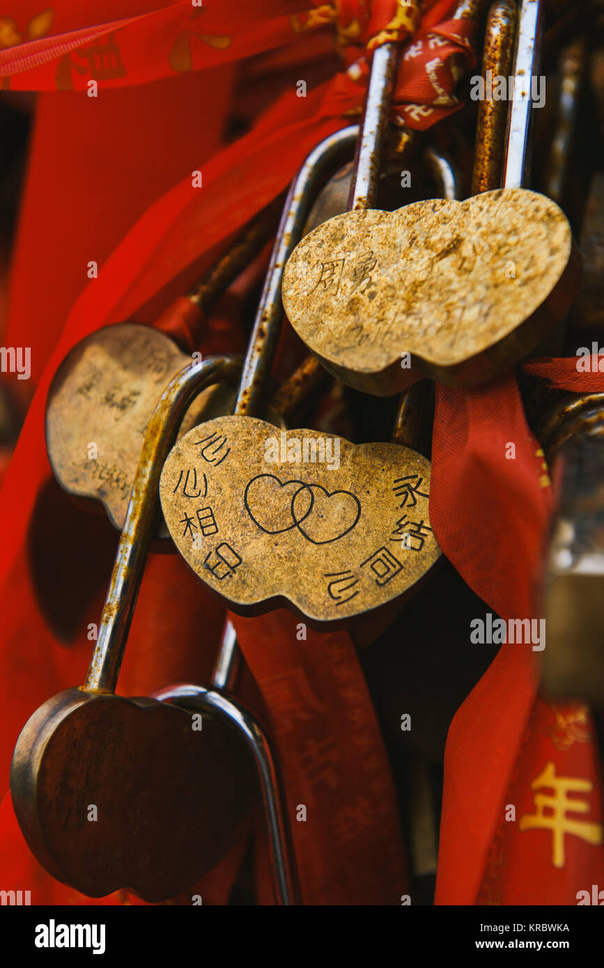 Zhangjiajie, China - March 24,2016: Detail of love locks in Zhangjiajie ...