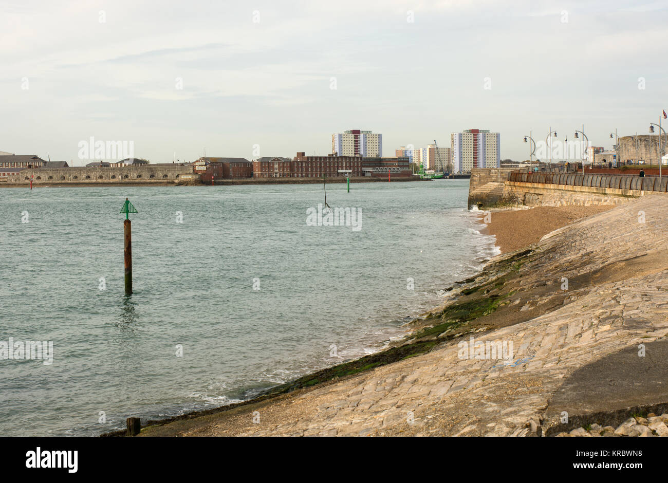 Entrance to harbour with sea walls and defences at Portsmouth in ...