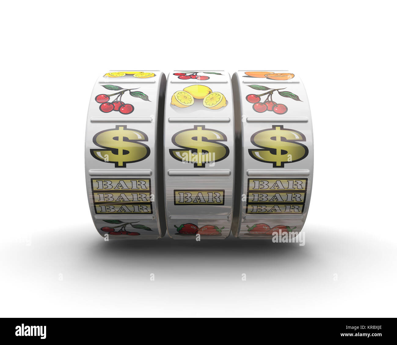 3D render of fruit machine reels showing jackpot winning line Stock ...