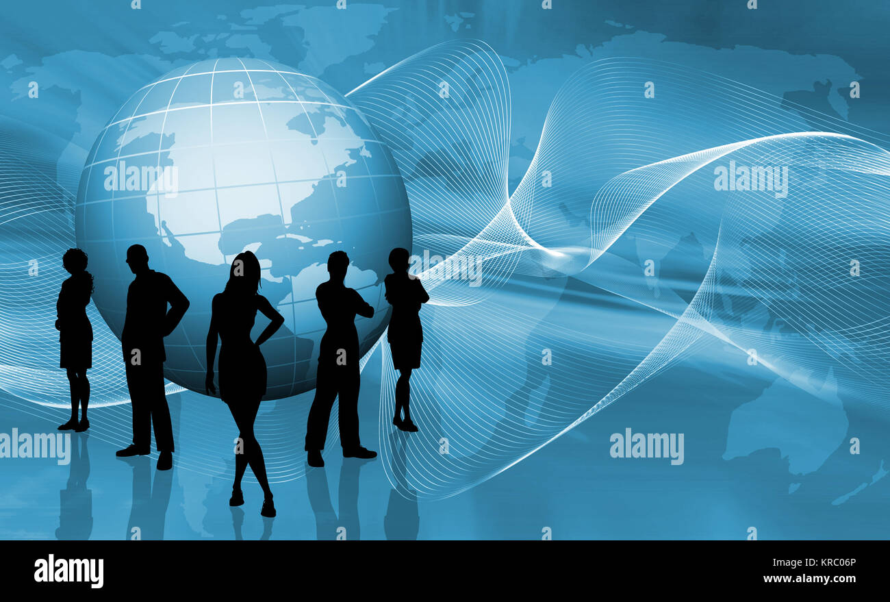 Silhouettes of a business team on abstract globe background Stock Photo ...