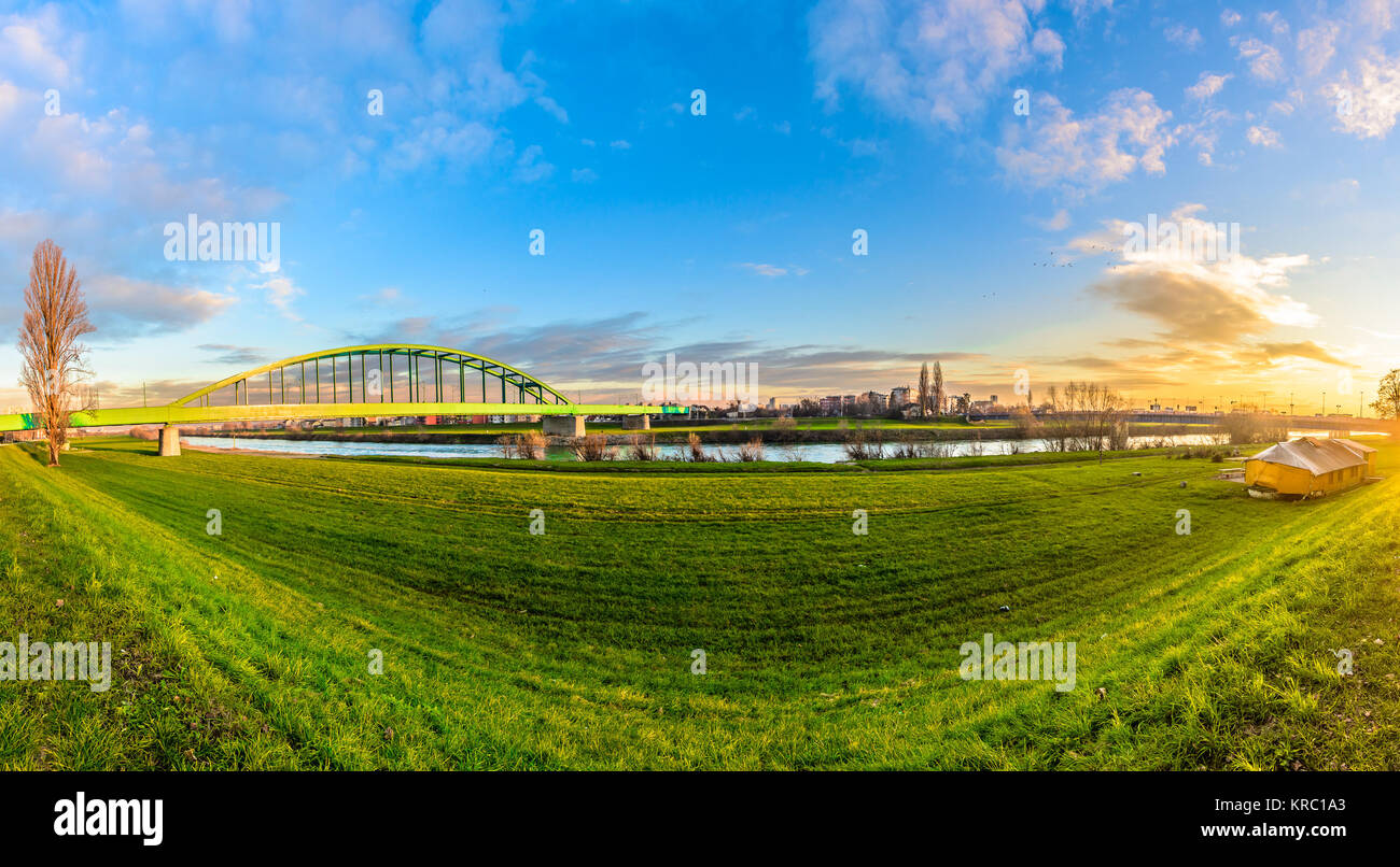 Panorama of Sava River in Zagreb city, popular tourist relaxation zone ...