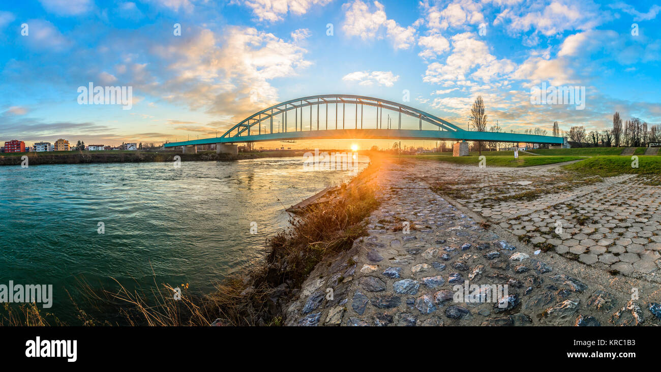 Colorful panorama in Zagreb city, Sava River landscape view Stock Photo ...