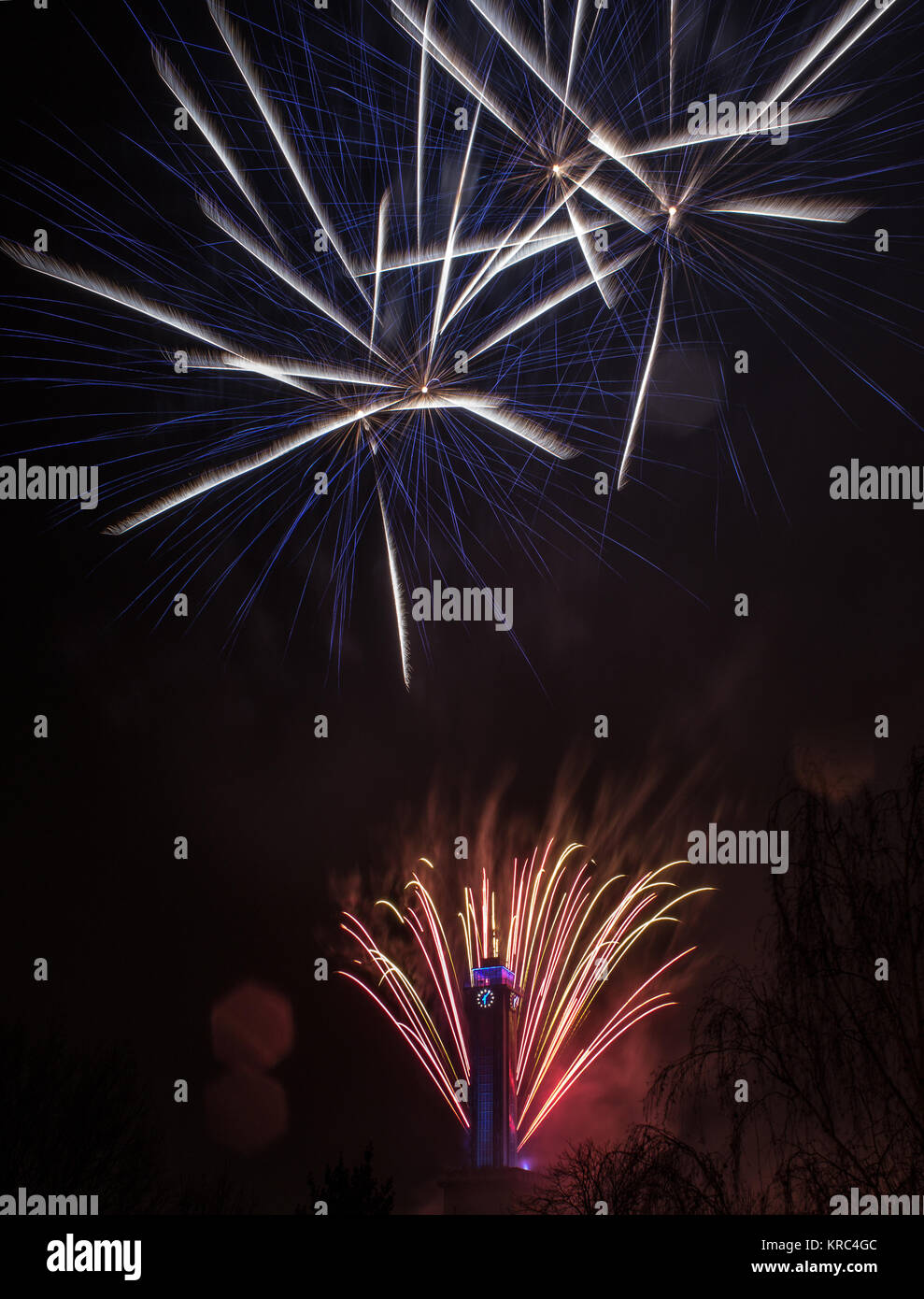 Blue red gold and silver fireworks in Ostrava. The black sky ...