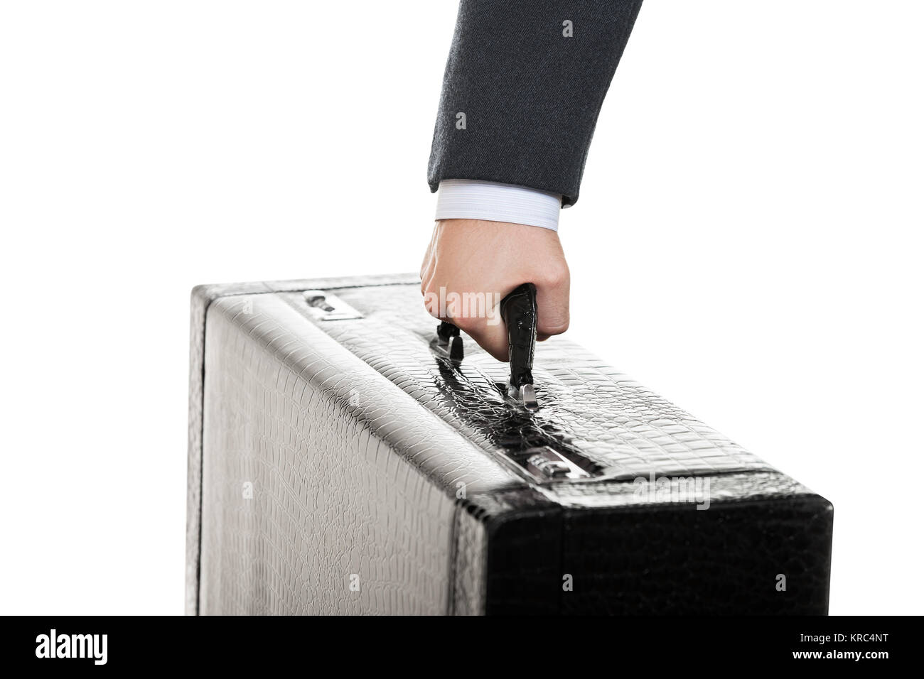 Business men in black suit hand holding large travel luggage suitcase ...