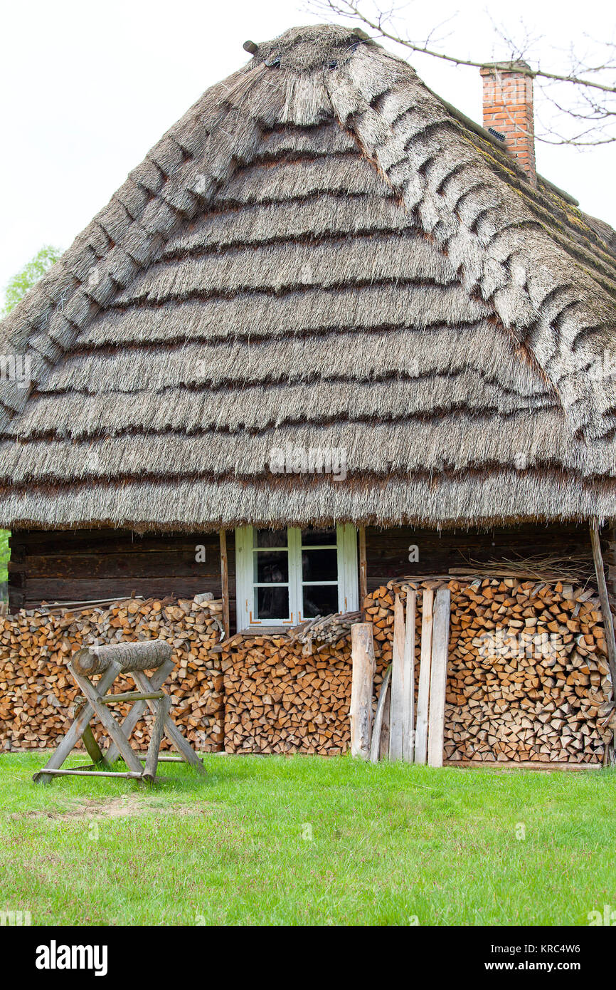 old traditional wooden polish cottage in open-air museum, Ethnographic ...