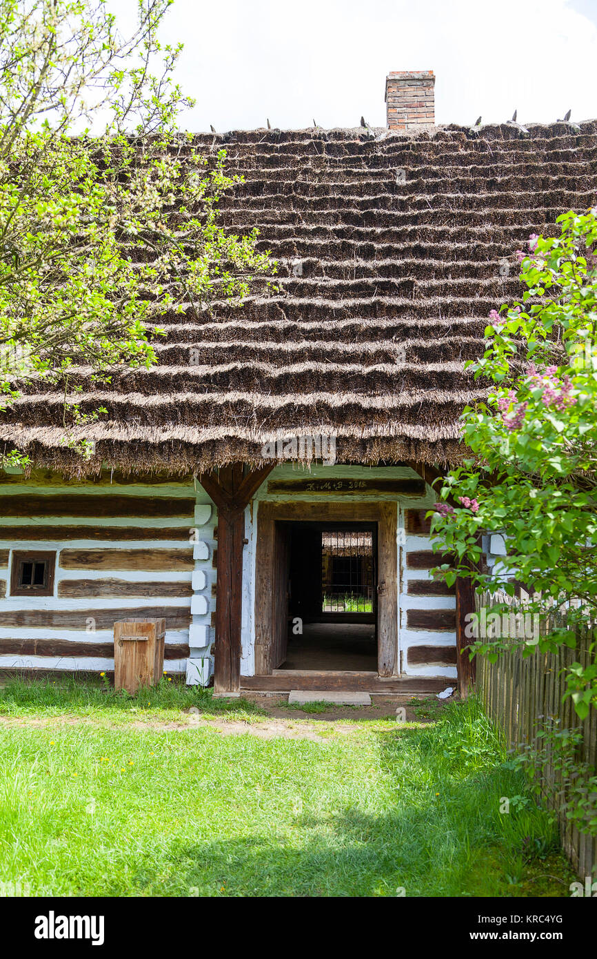 old traditional wooden polish cottage in open-air museum, Ethnographic ...