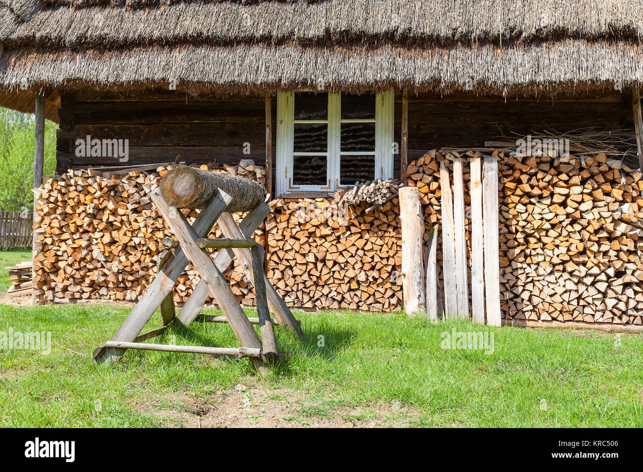 old traditional wooden polish cottage in open-air museum, Ethnographic ...