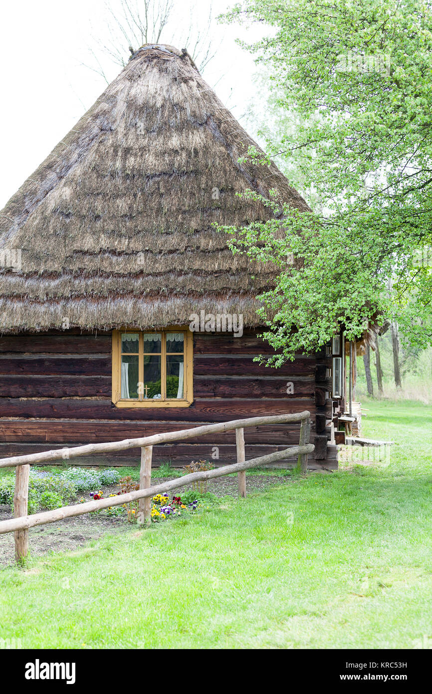 old traditional wooden polish cottage in open-air museum, Ethnographic ...